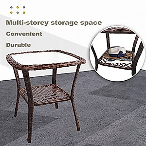 DIMAR GARDEN Outdoor Side Table Wicker Patio Coffee Table with Glass Top and Storage Shelf,Mixed Brown