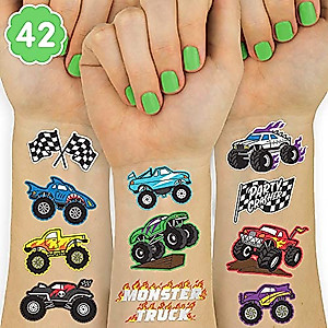 xo, Fetti Monster Truck Party Supplies Temporary Tattoos - 42 Metallic Styles | Trucks, Big Cars, Finish Lines + Flames