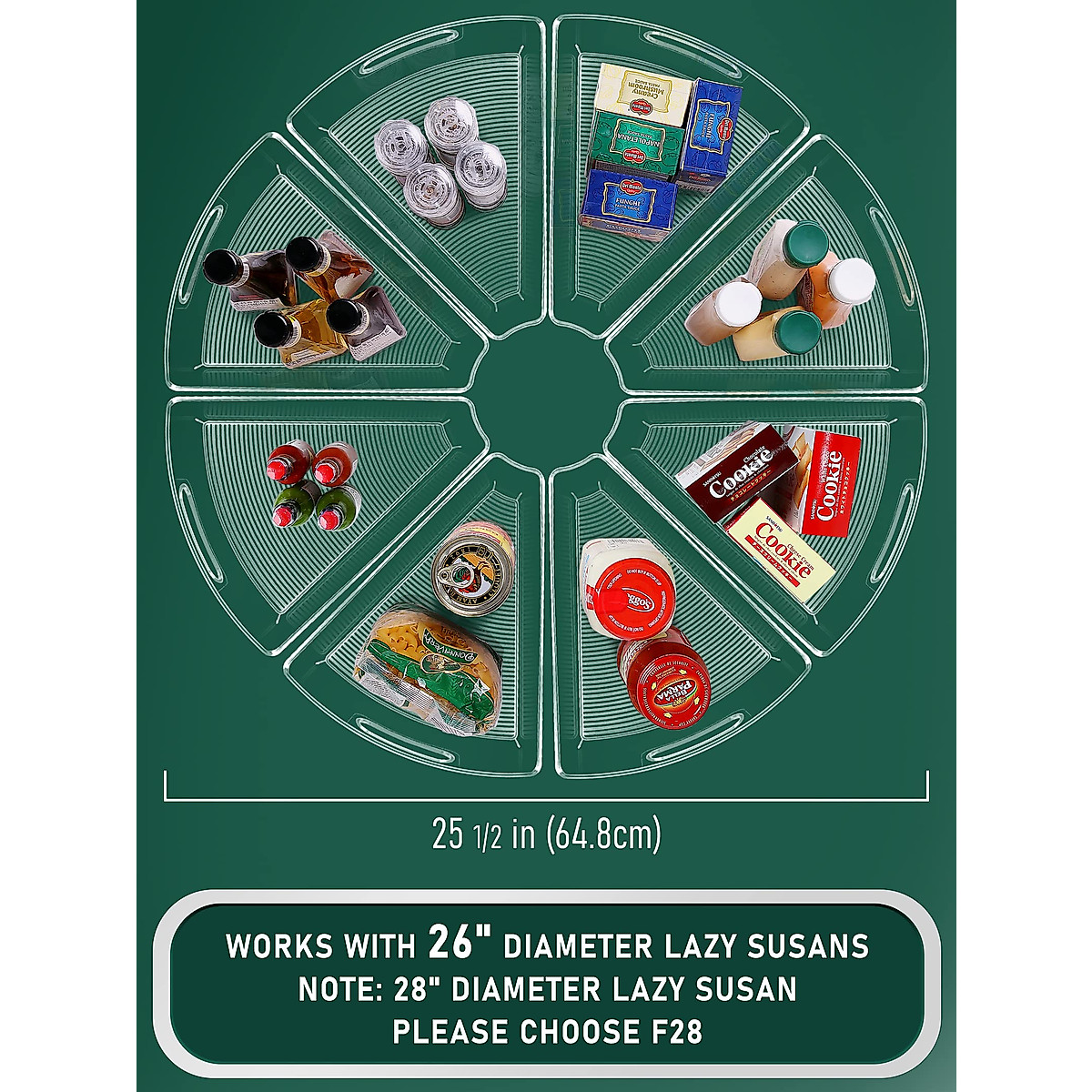 JEISSLIA Lazy Susan Cabinet Organizer Bins for 26"/ 28"/ 32" Diameter Corner Lazy Susan, Plastic Cabinet Storage Bin, 1/8 Wedge-Food Safe, BPA Free, with Non-slip Pads (for 26" Lazy Susan, 8 Pack)
