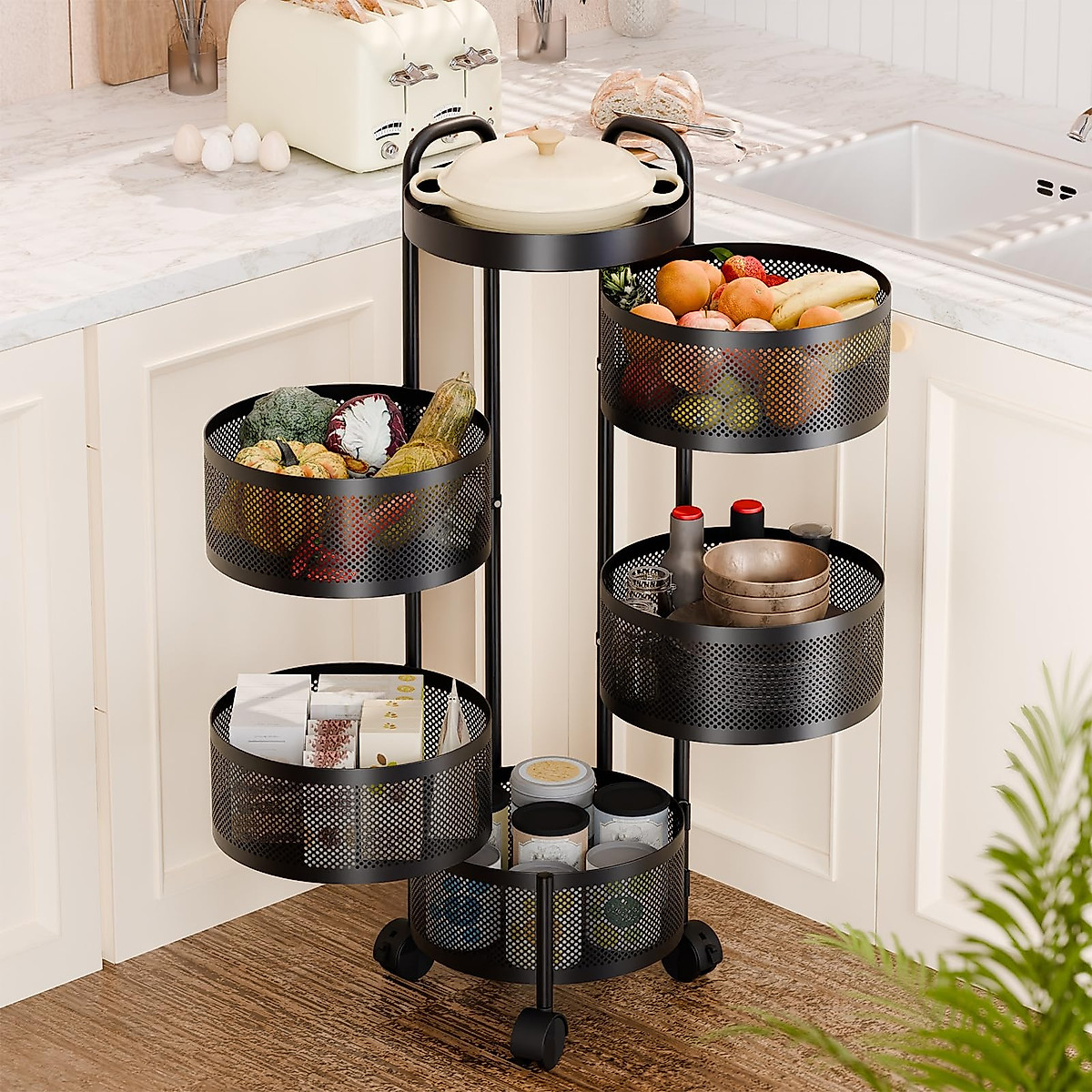 HEVIRGO Rotating Storage Shelves Rack,5 Tier Fruit & Vegetable Basket Stand,Kitchen Vegetable Storage Organizer,Fruit Basket Floor Stand Shelf Fruit Tower for Kitchen Bathroom Laundry Black