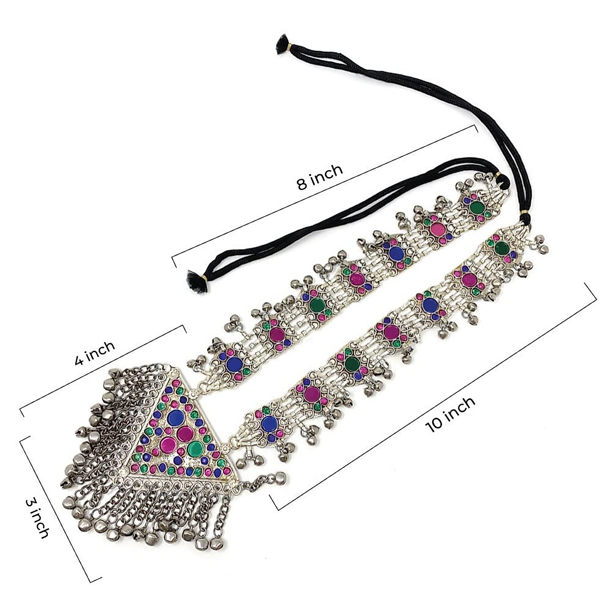 Duel On Jewel Afghan Tribal Womens Statement Kuchi Oxidized Metal Handmade Triangle Pendant Necklace in Multicolor - Bohemian Belly Dancing Dandiya Jewelry