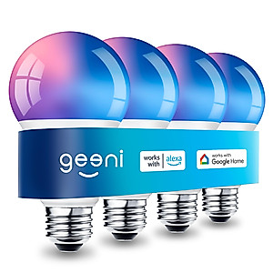 Geeni Prisma Plus 800 WiFi LED Smart Light Bulb (4-Pack), 2700-6500K Tunable Hue White to RGB, Dimmable, A19 60W, No Hub Required, Light Bulb Compatible with Alexa, Google Assistant