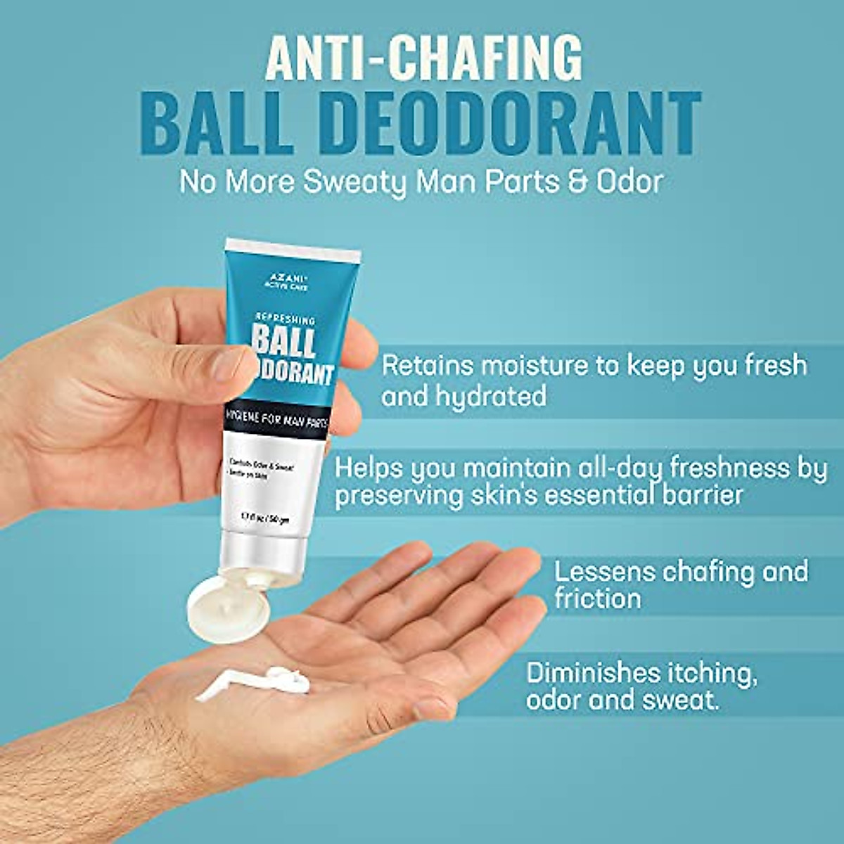 Azani Anti Chafing Men's Ball Deodorant| Ballguard, Counters Sweat, Odor, flakes, Redness and Irritation|Niacinamide & Hyaluronic Acid| 1.76 Oz, 1 Pack