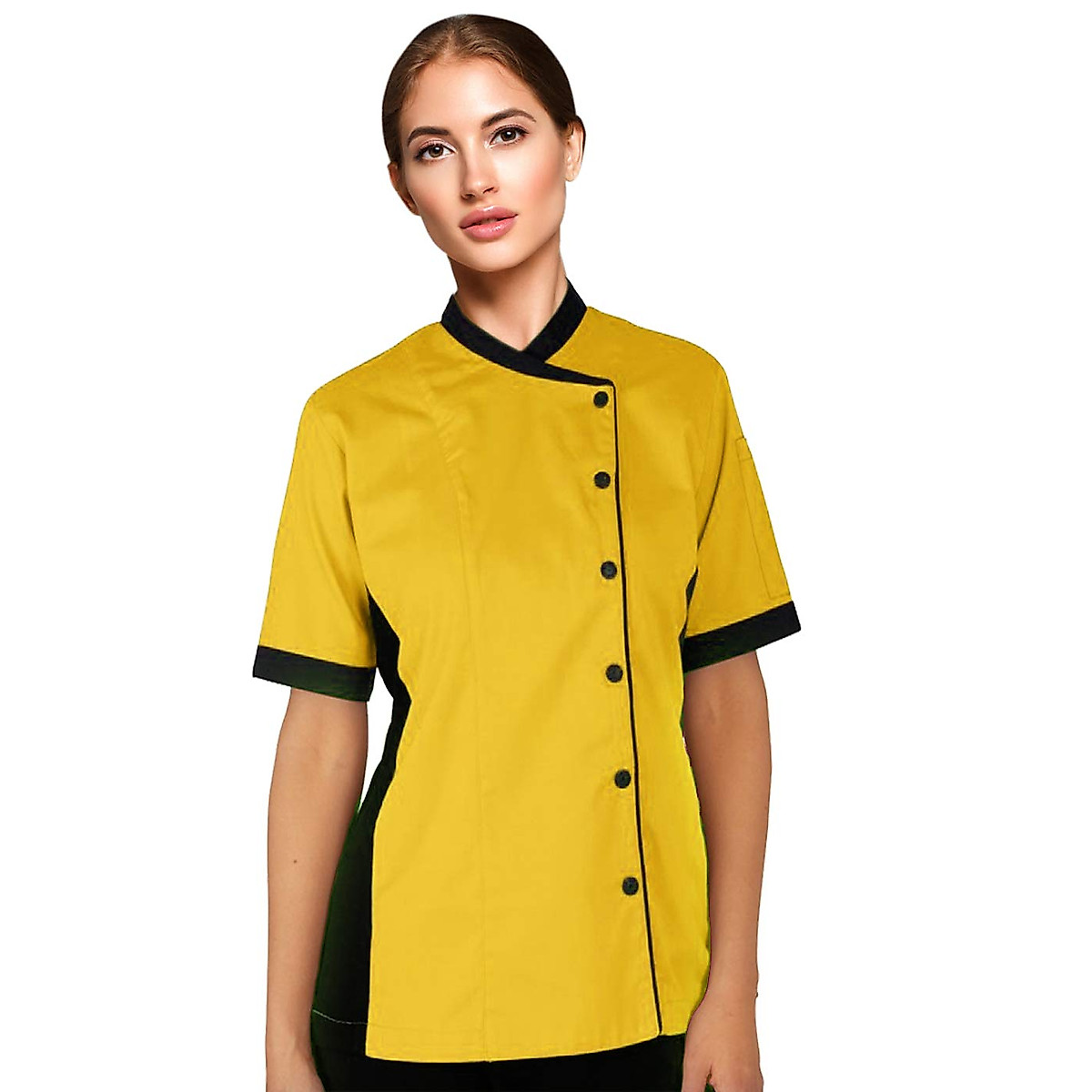 Short Sleeves Women's Ladies Side Mesh Panel Chef Coat by Uniformates (Yellow, M (for Bust 36-37))