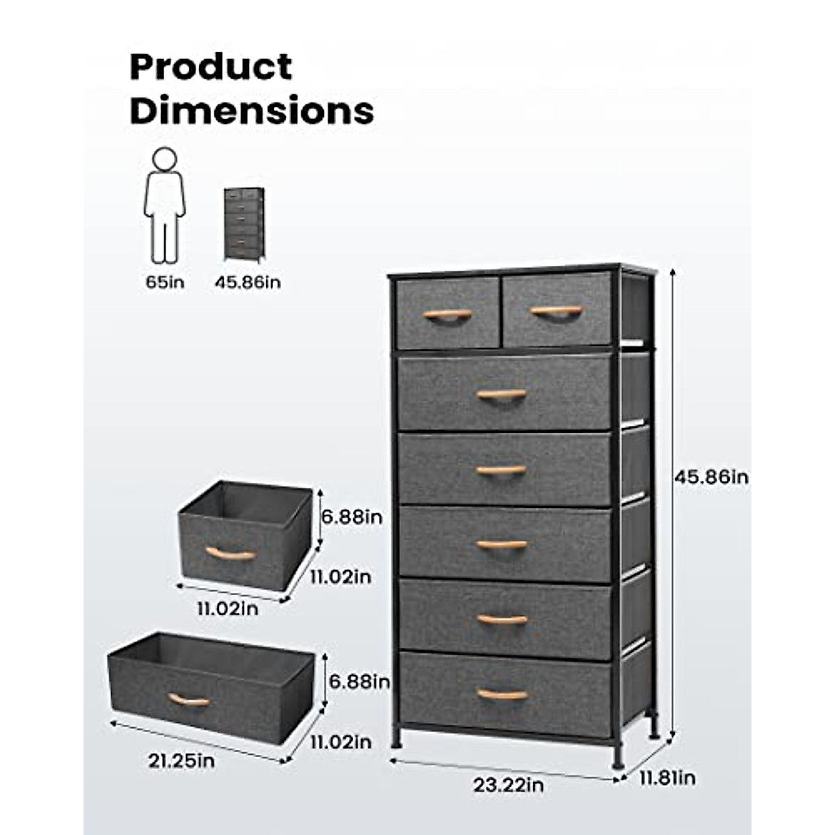 Pellebant Dresser for Bedroom with 7 Drawers, Tall Dresser Vertical Storage Tower, Sturdy Metal Frame, Fabric Storage Bins with Wooden Handle and Wooden Top, Organizer Unit for Closet/Hallway, Grey