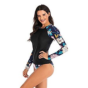 Missli Women Sunscreen Long Sleeve Floral Print Tankini Beach Surfing Suit Swimwear Bathing Suits Two Piece Swimsuits
