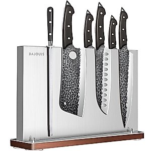 Magnetic Knife Holder Knife Block: Stainless Steel Knife Block Without Knives, Double Sided Magnetic Knife Holder Rack for Kitchen Counter, Knife Magnet Storage Stand With Wood Base-Silver