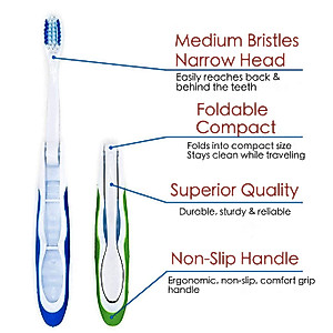 Azi 2pc Premium TSA Approved Travel Toothbrush On The Go Folding Medium Bristles & Tongue Cleaner/Gum Massager Travel Camping Handbag Backpack Car RV Dorm Gym School Locker