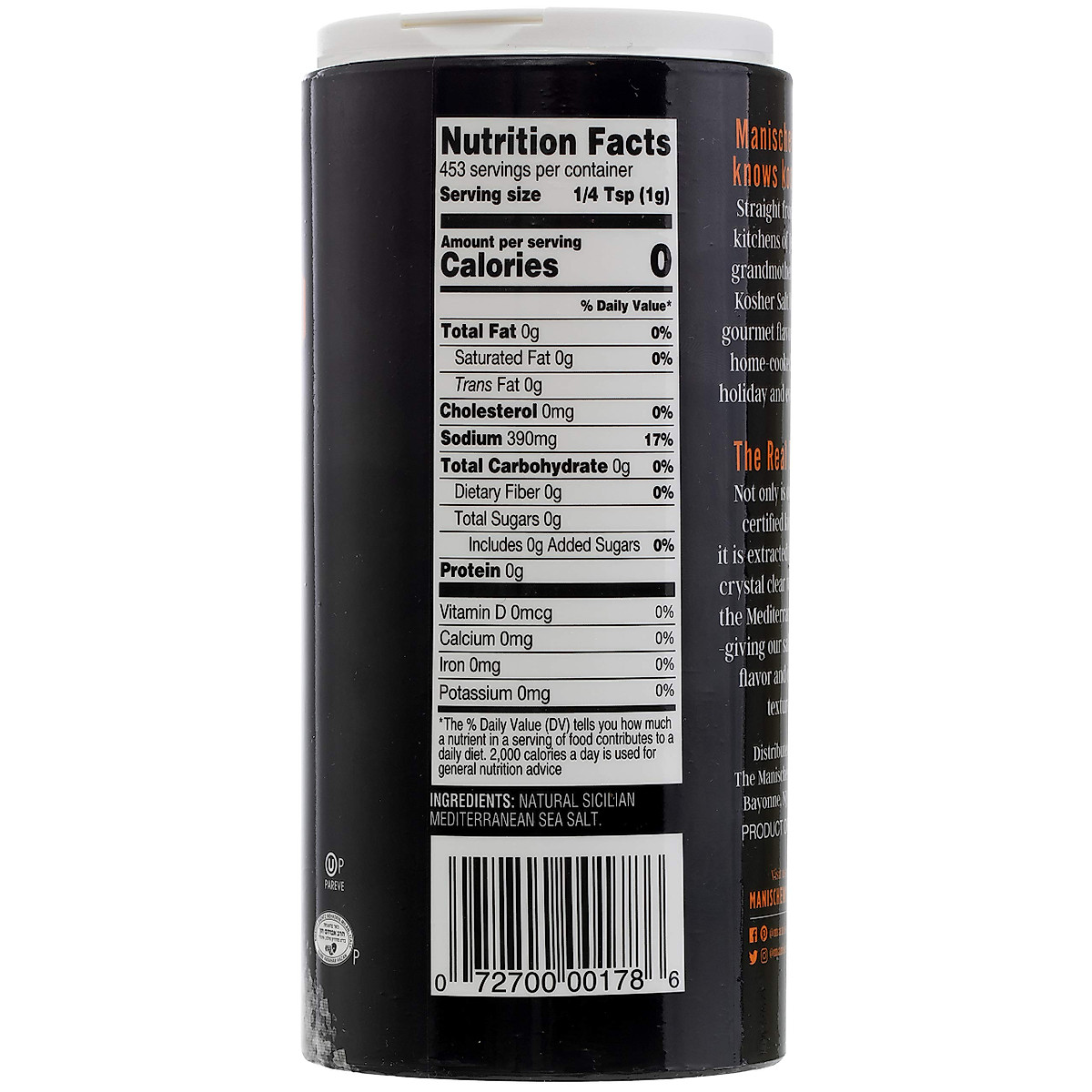 Manischewitz Premium Kosher Salt, Coarse Sea Salt, 16oz (1 Pound) Easy Pour Canister, Product of Italy, Pure Mediterranean Sea Salt. The Perfect Salt Grinder Refill!