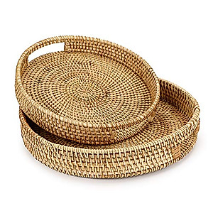 Hipiwe Rattan Serving Tray with Handles Handmade Woven Basket Tray Home Decorative Organizer Tray, Breakfast, Tea, Snack, Fruit, Coffee Storage Tray, Set of 2 (Round)