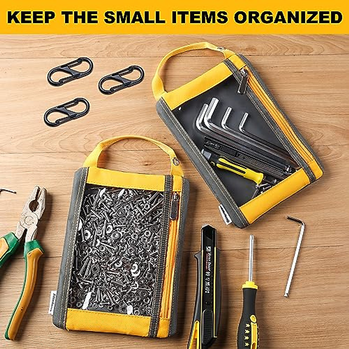 Clear Small Tool Pouch Bags, Zippered Pouches for Organization with 3 Clips, Transparent PVC Fastener Bag with Handle for Small Parts, Socket, Wrenches, Bits and Screwdrivers 2 Pack