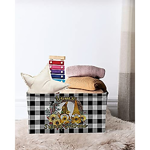 Retro Buffalo Black White Check Sweet Farm Home Gnomes Couple Polka Dot Sunflower Cube Storage Organizer Bins with Handles,15x11x9.5 Inch Collapsible Canvas Cloth Fabric Storage Basket Books Boxes