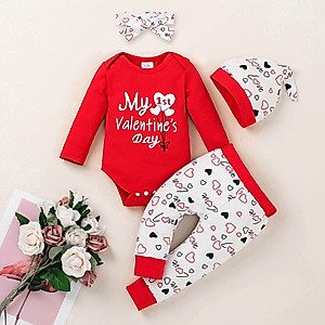 My 1st Valentine Outfits Infant Baby Girl Clothes Newborn Outfits Ruffler Floral Pants Bow Headband Hat 4pcs 3-6 Months Red