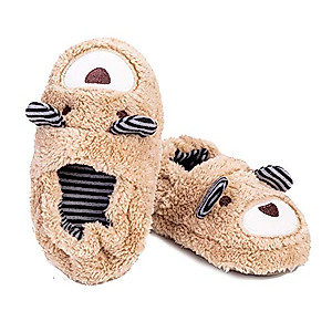 Csfry Toddler Boys Slippers Cartoon Cute Animals Plush Warm Home Shoes Beige US 7-8