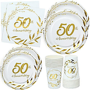 NAIWOXI 50th Anniversary Decorations Tableware - Golden 50th Anniversary Wedding Party Supplies Include Plates, Cups, Napkins, Fifty Years of Love 50th Wedding Anniversary Decorations | Serves 24