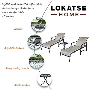 LOKATSE HOME 3 Pieces Outdoor Chaise Lounge Set Patio Pool Chairs Adjustable Back Steel Teslin with Coffee Table, Grey