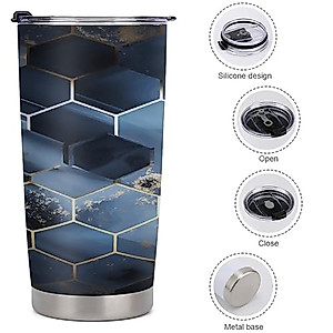 FHENMSA Reusable Plastic Water Cups with Lids,Blue Hexagons And Diamonds Print Anti-overflow Cup,sports Travel Coffee Cup