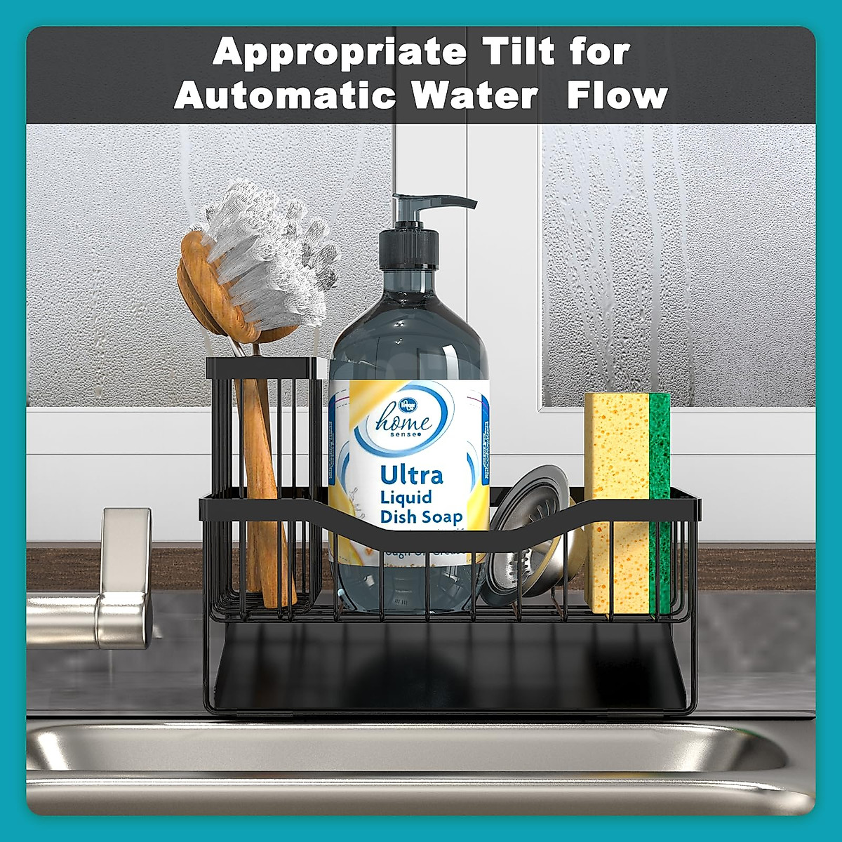 Multifunctional Sponge Holder for Kitchen Sink with High Brush Rack, Sink Caddy with Self Drain Tray, Kitchen Sink Organizer Sponge Caddy for Storage Dish Soap Dispenser - Kitchen Gadgets Accessories