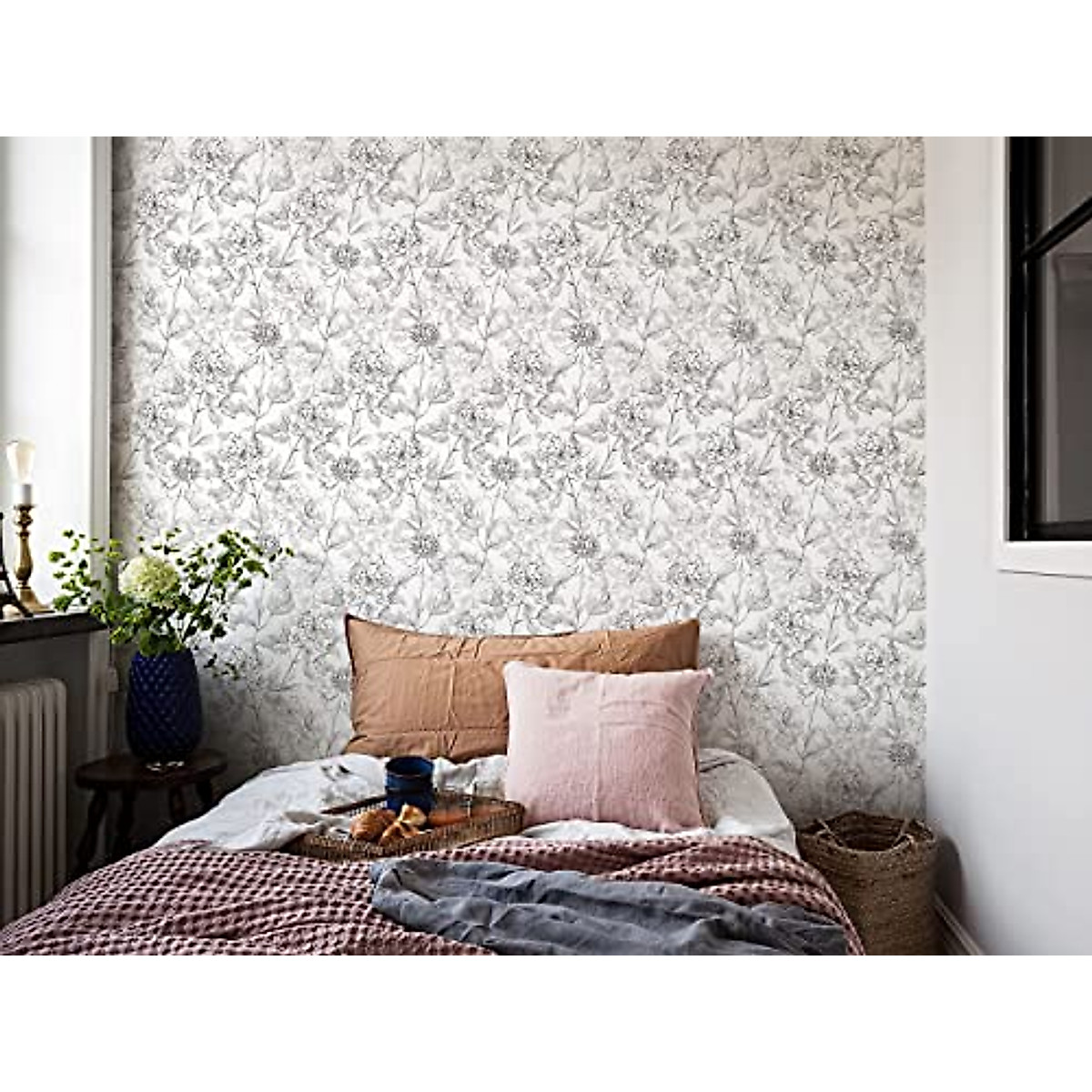 JiffDiff Black and White Floral Wallpaper 17.3" x 394" Peonies Removable Peel and Stick Floral Wallpaper Sketched Floral Self-Adhesive Prepasted Wallpaper Wall Decor (Sketched Floral)