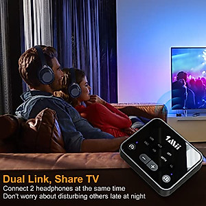 1Mii Bluetooth 5.2 Transmitter for TV to 2 Wireless Headphones, Long Range 100ft Bluetooth Adapter for TV aptX Low Latency& HD/Volume Control, Optical/USB/AUX/RCA Audio Inputs