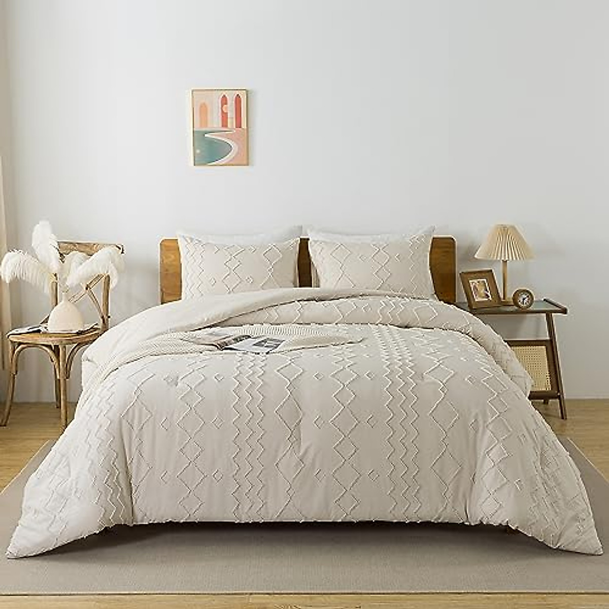 Andency Beige Tufted Comforter Set King(104x90Inch), 3 Pieces(1 Boho Comforter, 2 Pillowcases) Textured Farmhouse Comforter, Soft Microfiber Down Alternative Geometric Comforter Bedding Set