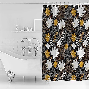 Double Love Autumn Maple Leaves Bathroom Curtain 72 Inch Shower Curtain with Hooks, Waterproof Polyester Bath Curtain Washable Bathtub Curtain Yellow White Gold Leaf Black Backdrop 48''x 72''