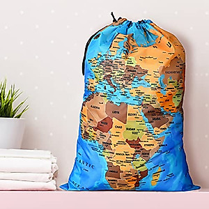 Laundry Bag 2 Pieces 22 x 16 Inch World Map Travel Laundry Bags Heavy Duty Big Laundry Bag Drawstring Travel Organizer Bag Dirty Clothes Organizer Bag for Traveling