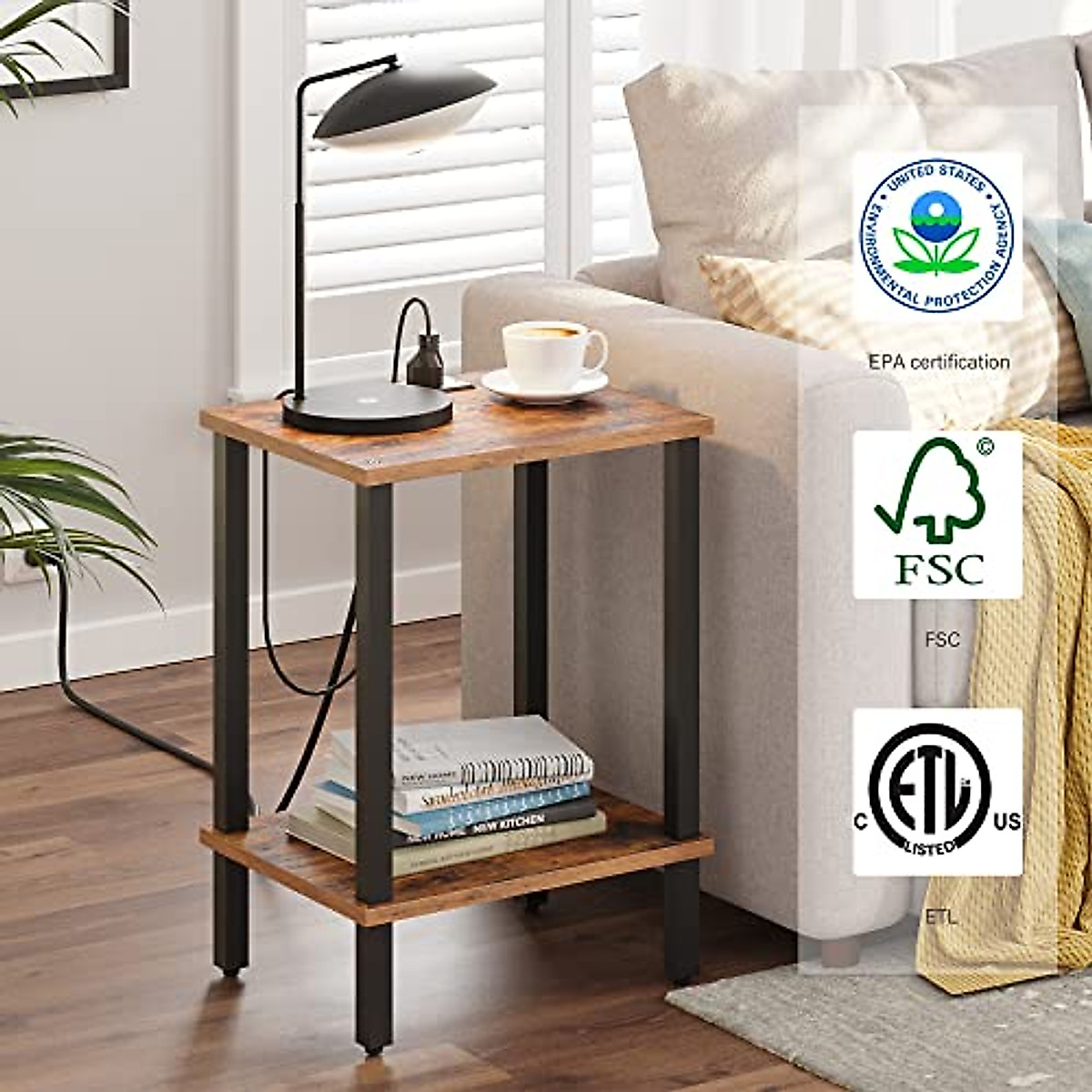 TUTOTAK End Table with Charging Station, Side Table with USB Ports and Outlets, Nightstand, 2-Tier Storage Shelf, Sofa Table for Small Space, 1 Package（2PCS） TB01BB041