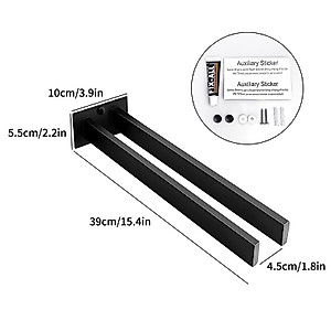Black Premium Stainless Steel Hand Towel Holder Square Tube Horizontal Double Pole No Punching + Punching Dual Use Heavy Duty Wall Mounted Hotel Bathroom Minimalist Towel Rack