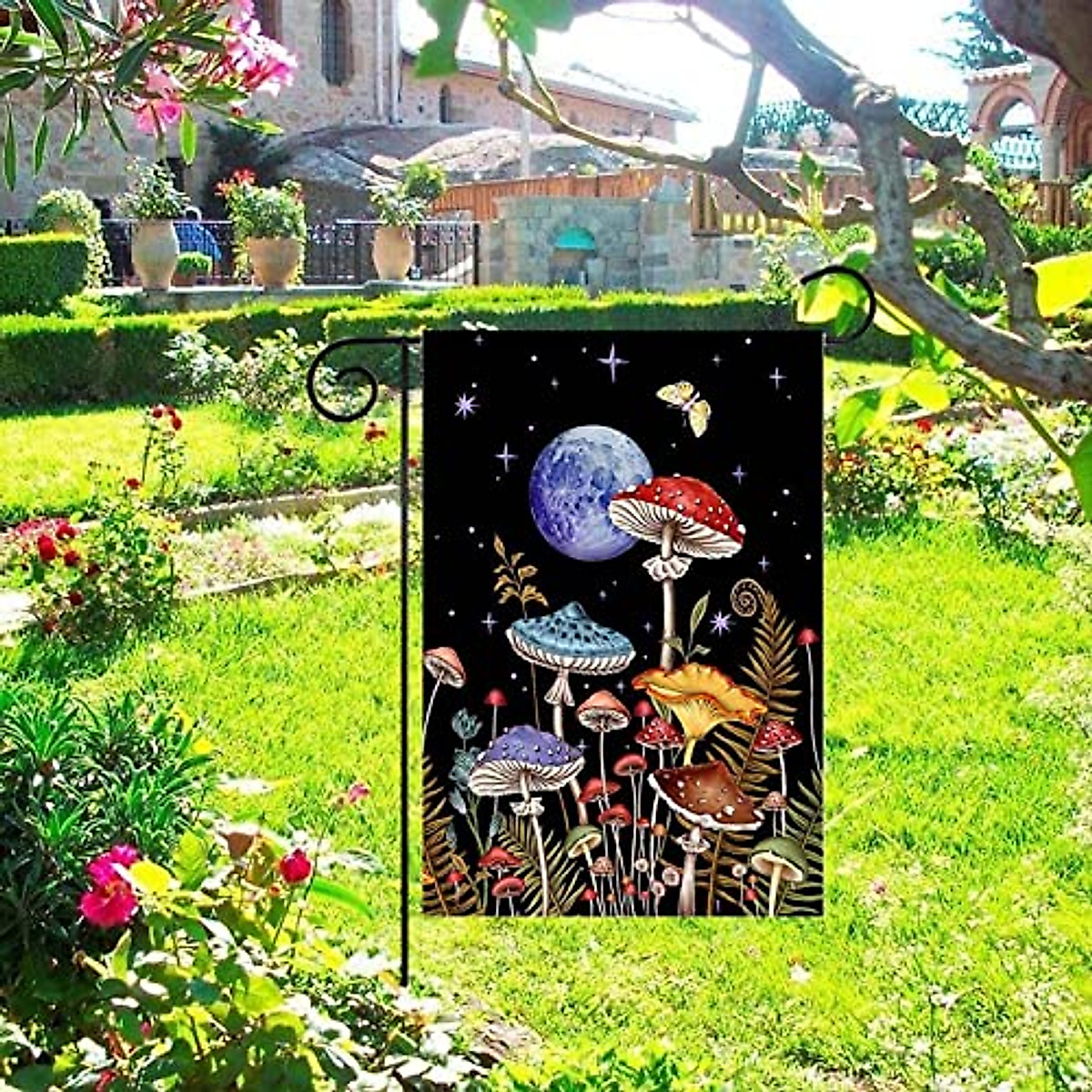 Mushroom Stars And Moon Garden Flag 12 X 18 Inches Double Sided ,Animal Butterfly Yard Flags,Durable Burlap Flag Holiday Farmhouse Patio Yard Outdoor Party Decor Gift