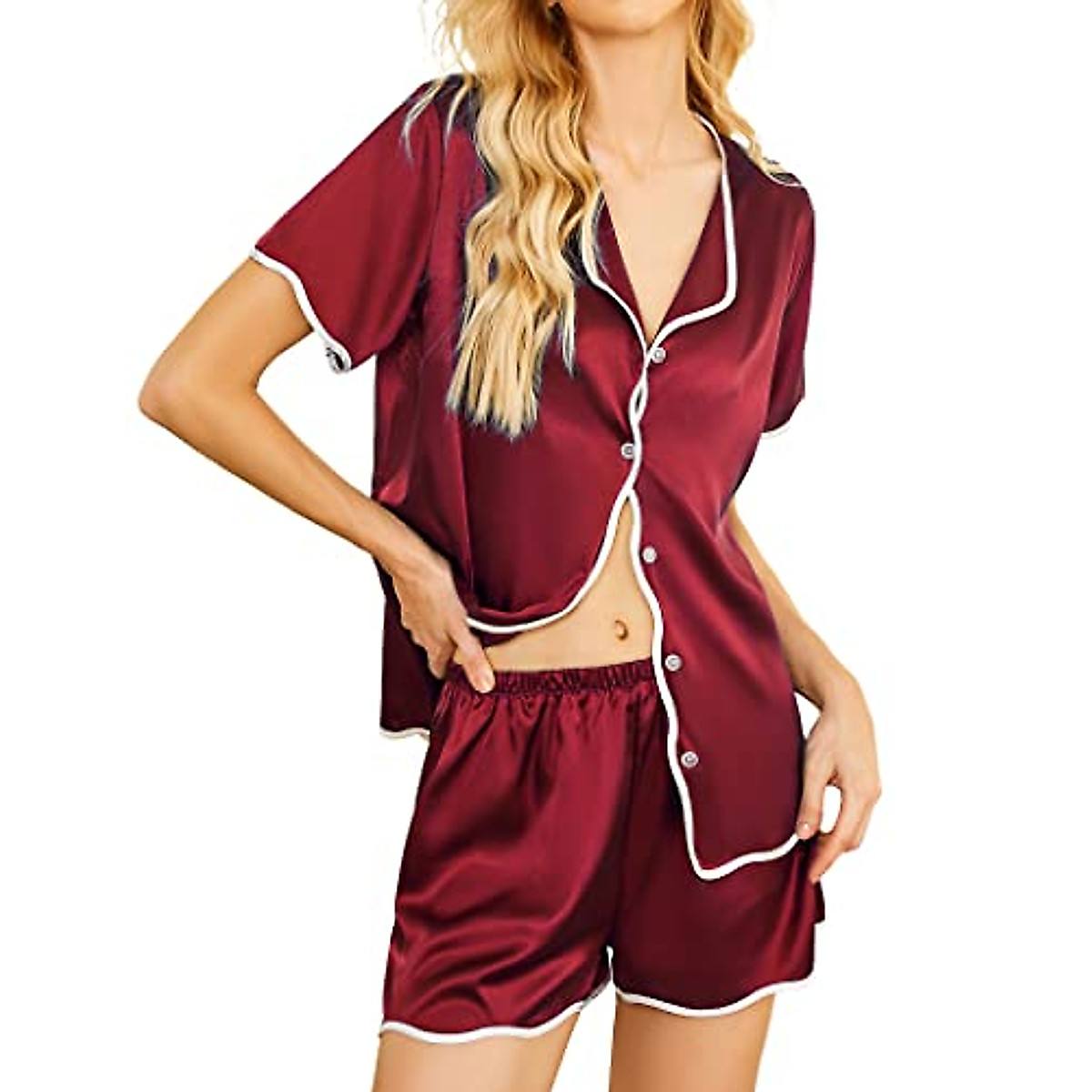 eshion Women's Short Sleeve Pjs Silk Pajama Top with Shorts Set Comfortable Summer Loungewear (Wine Red,XXL)