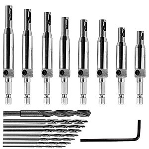 Aracombie 17pcs Self Centering Drill Bit Set for Metal Woodworking, 8 Sizes 1/4 Inch Hex Shank Vix-Bit Self-Centering Bits Hinge Centering Tool with Hex Key & 8 Replacement Drill Bits, 5/64-1/4 Inches