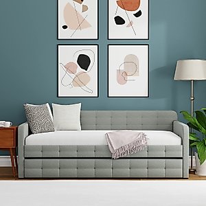 Glenwillow Home Tufted Twin Daybed with Roll-Out Trundle in Stone