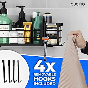 Cucino Extra-Large Shower Caddy 2-Pack - 16-Inch Rust-Resistant Black Shower Shelves for Inside Shower, Adhesive Organizer with 4 Removable Hooks, XL Shower Racks for Inside Shower