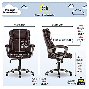 Serta Executive Office Adjustable Ergonomic Computer Chair with Layered Body Pillows, Waterfall Seat Edge, Bonded Leather, High-Back, Brown