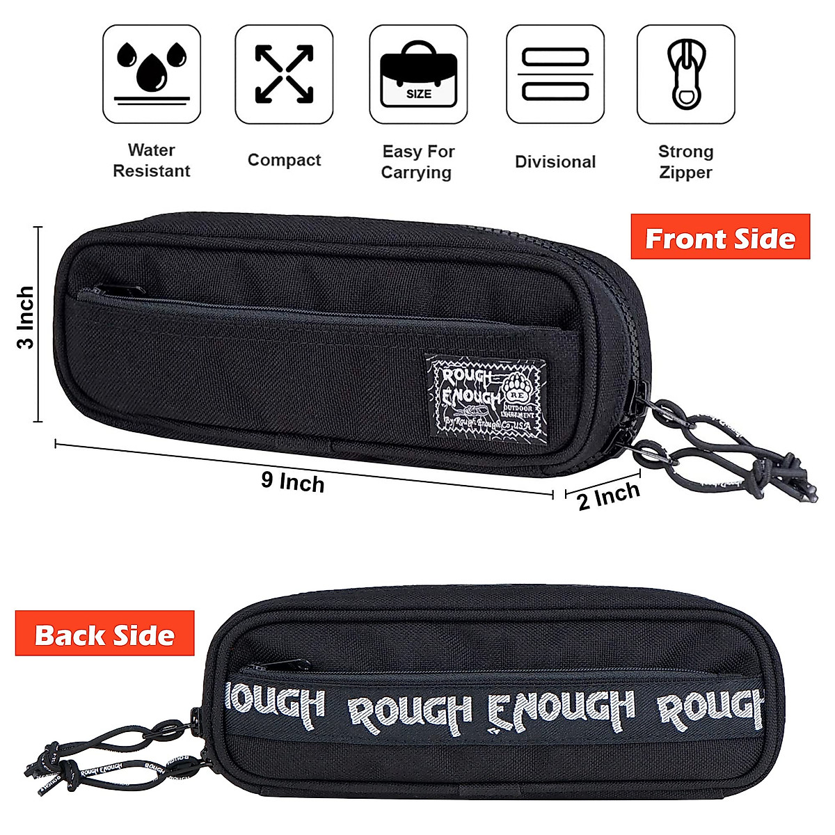 Rough Enough Black Pencil Case Long Pencil Pouch Art Supply Storage Organizer Kids Boys Girls Adults School Stationary