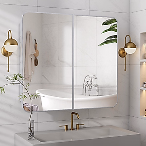 Medicine Cabinet with Mirror 20'' x 22'' Aluminum Recessed Medicine Cabinet with Mirror, Adjustable Glass Shelf, Corrosion Resistant Bathroom Mirror with Storage Wall Mounted (20'' x 22'' Double Door)