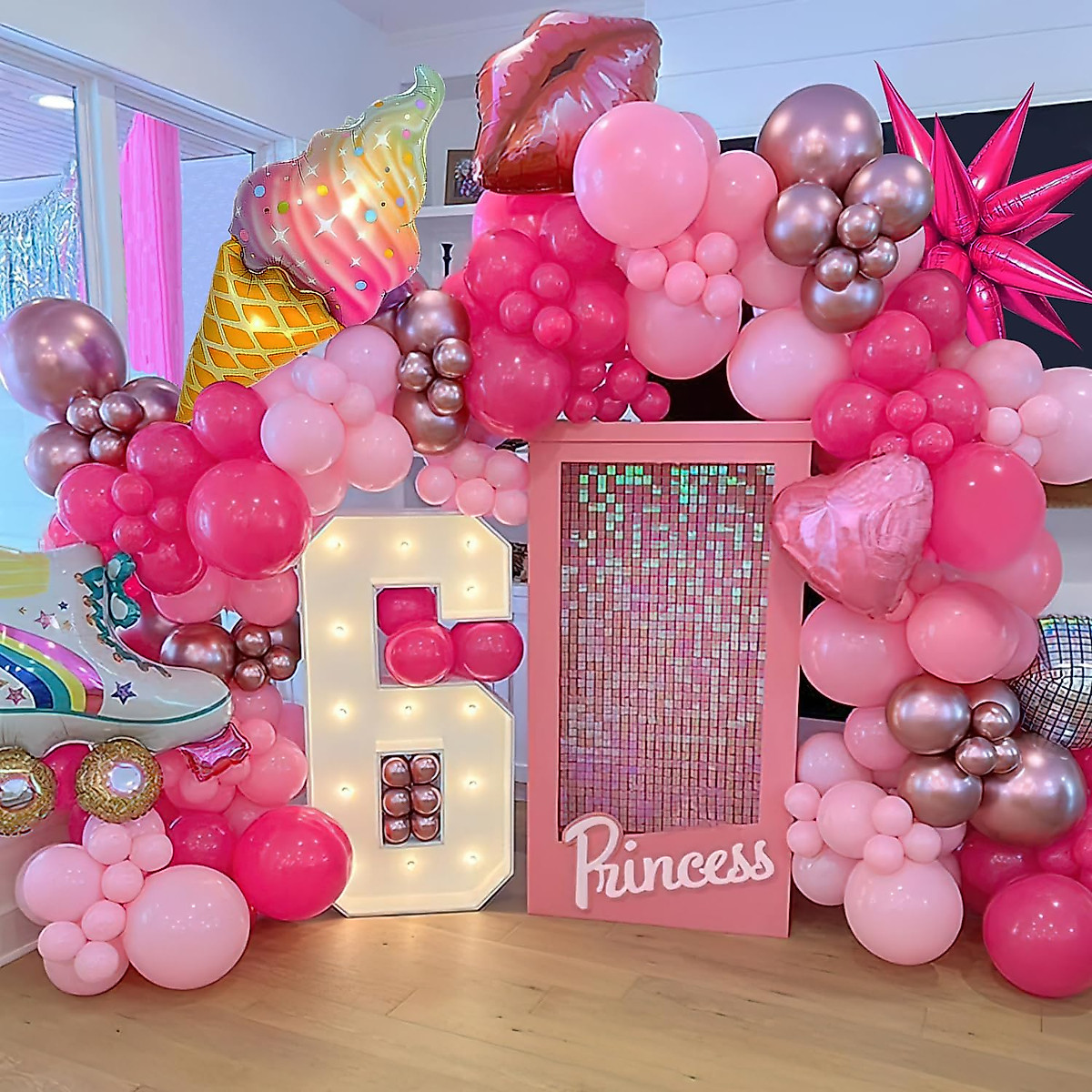 Holipardy Princess Pink Balloon Garland Arch Kit with Hot Pink Ice-cream Brust Star Disco Foil Balloons for Girls Lady Theme Party Birthday decorations