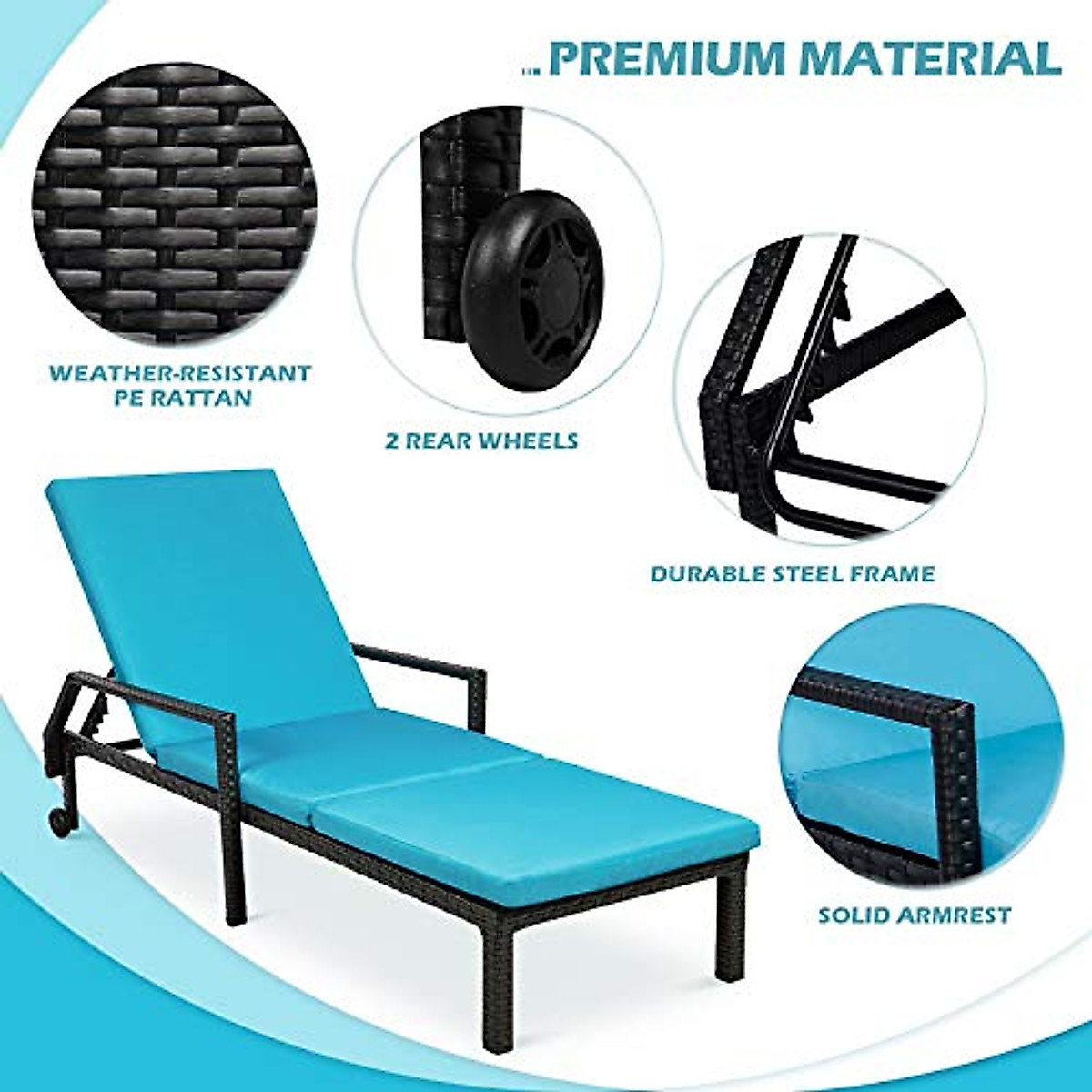 YODOLLA Outdoor Rattan Chaise Lounge Chair with Adjustable Backrest, Wicker Reclining Lounge Chair w/Removable Cushion and Wheels for Beach, Patio, Garden, Porch, Poolside, Backyard, Balcony, Blue