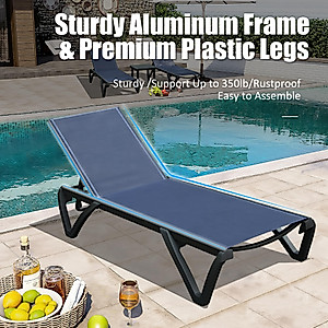 Domi Pool Lounge Chairs, Aluminum Patio Chaise Lounge with Side Table, Wheels, 5 Position Adjustable, Outdoor Lounge Chairs for Beach, Yard, Balcony, Poolside, Navy Blue