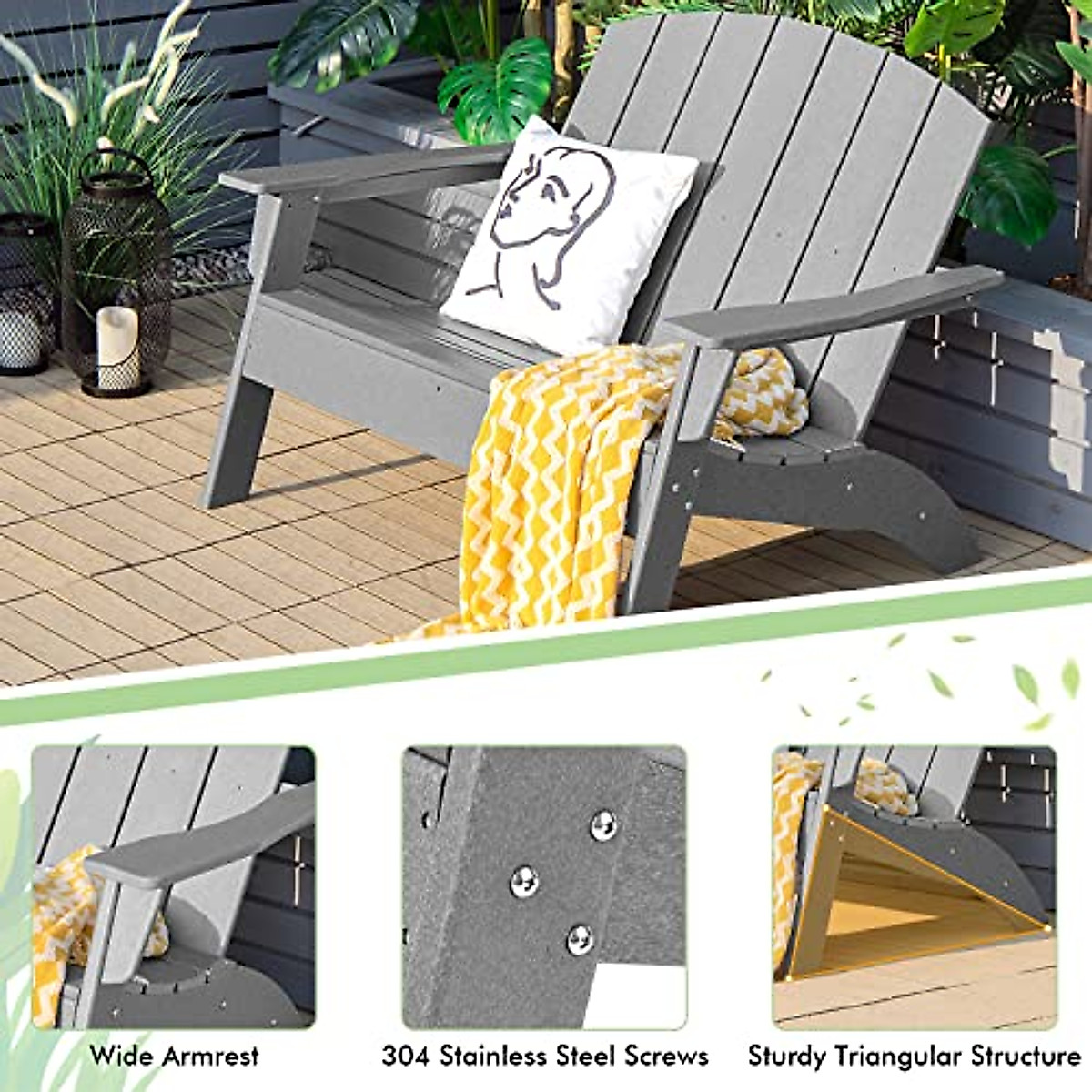Giantex Adirondack Chair Outdoor Loveseat, High Density Polyethylene HDPE Material Adirondack Chairs Set of 2 People, Patio Adirondack Bench for Porch, Garden, Backyard Fire Pit Chair (1, Gray)