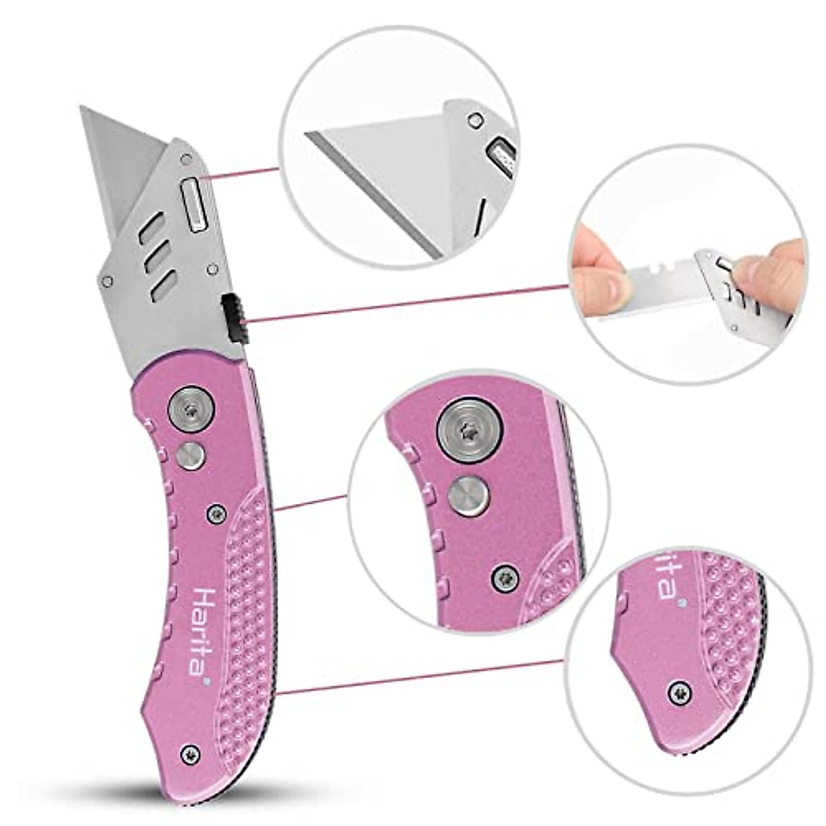 Folding Utility Knife Box Cutter Quick Change Blades, Back-lock Mechanism, Portable Belt Clip, with 5-piece Extra Blades, Purple