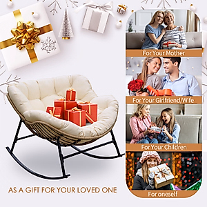 NICESOUL® Indoor Outdoor Rocking Chair with Cushion, Oversized Patio Papasan Rocking Chair, Water Resistant Egg Royal Rocking Chair 450Lbs Sturdy Comfy Recliner Large Lounging Chair (Beige, 1 PC)