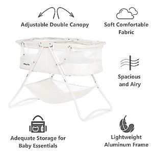 Dream On Me Karley Bassinet in Dove White, Lightweight Portable Baby Bassinet, Quick Fold and Easy to Carry, Adjustable Double Canopy, Indoor and Outdoor Bassinet with Large Storage Basket.