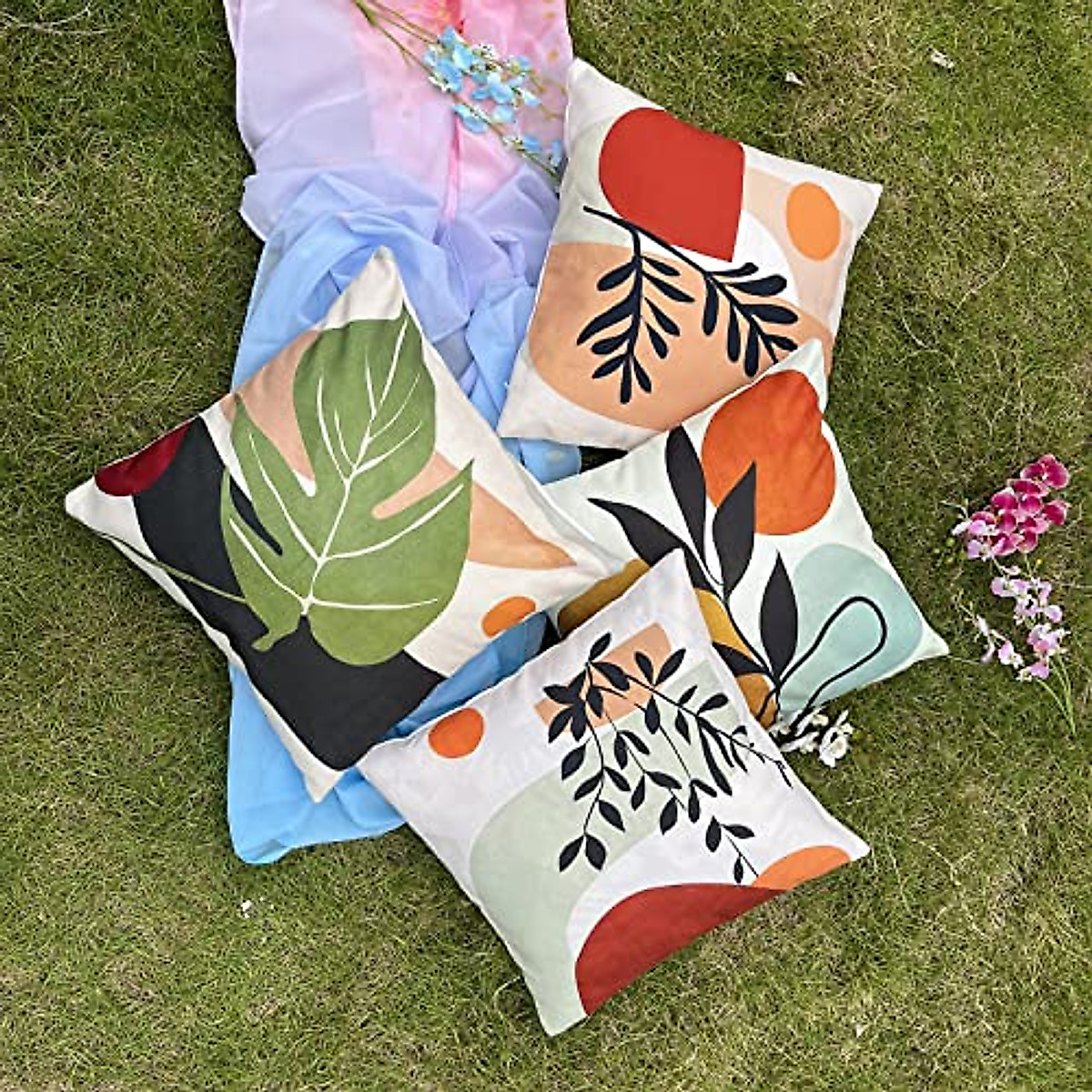 BOYOUAN Outdoor Pillow Covers 18x18 Set of 4 Waterproof Boho Throw Pillows Cover for Couch Patio Furniture Garden Balcony Tent Sofa Decorative Square Pillowcase Spring Outdoor Farmhouse Decor
