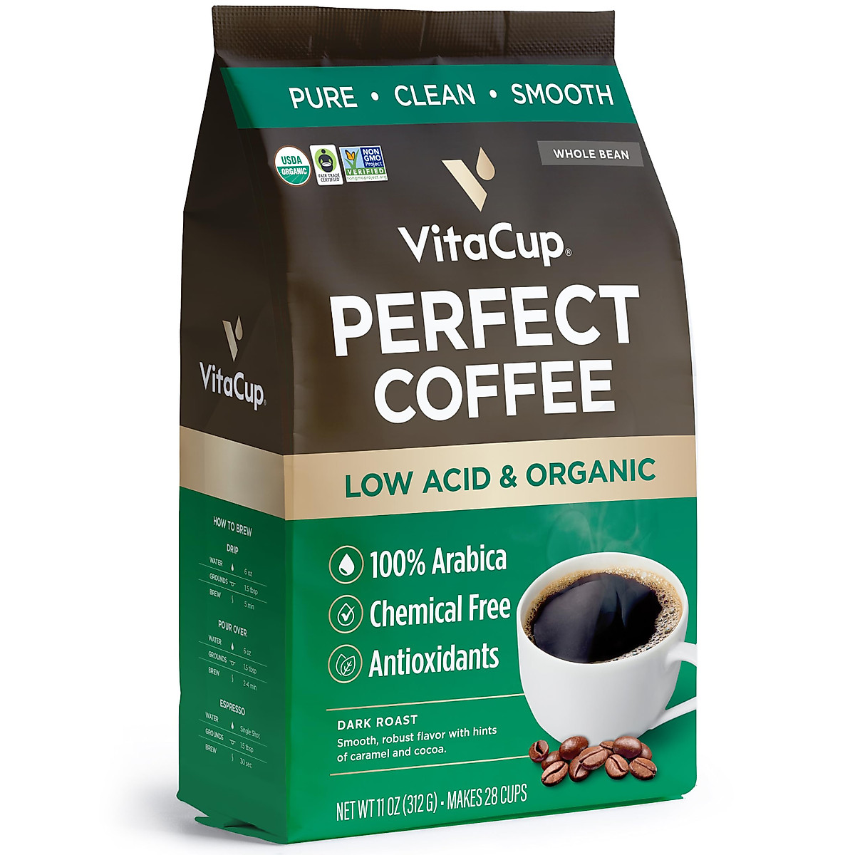 VitaCup Perfect Low Acid Coffee Beans, USDA Organic & Fair Trade, Mycotoxin Free, Dark Roast Guatemala Single Origin, Clean & Pure, Low Acidity, Whole Bean Coffee, 11 ounces