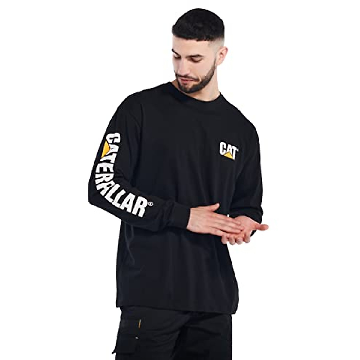 Caterpillar Men's Trademark Banner Long Sleeve Tee Shirts with Center Back Neck Wire Management Loop and CAT Logo, Black, X Large