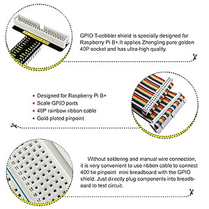 KEYESTUDIO GPIO Breakout Kit for Raspberry Pi - Assembled Pi Breakout + Rainbow Ribbon Cable + 400 Tie Points Solderless Breadboard