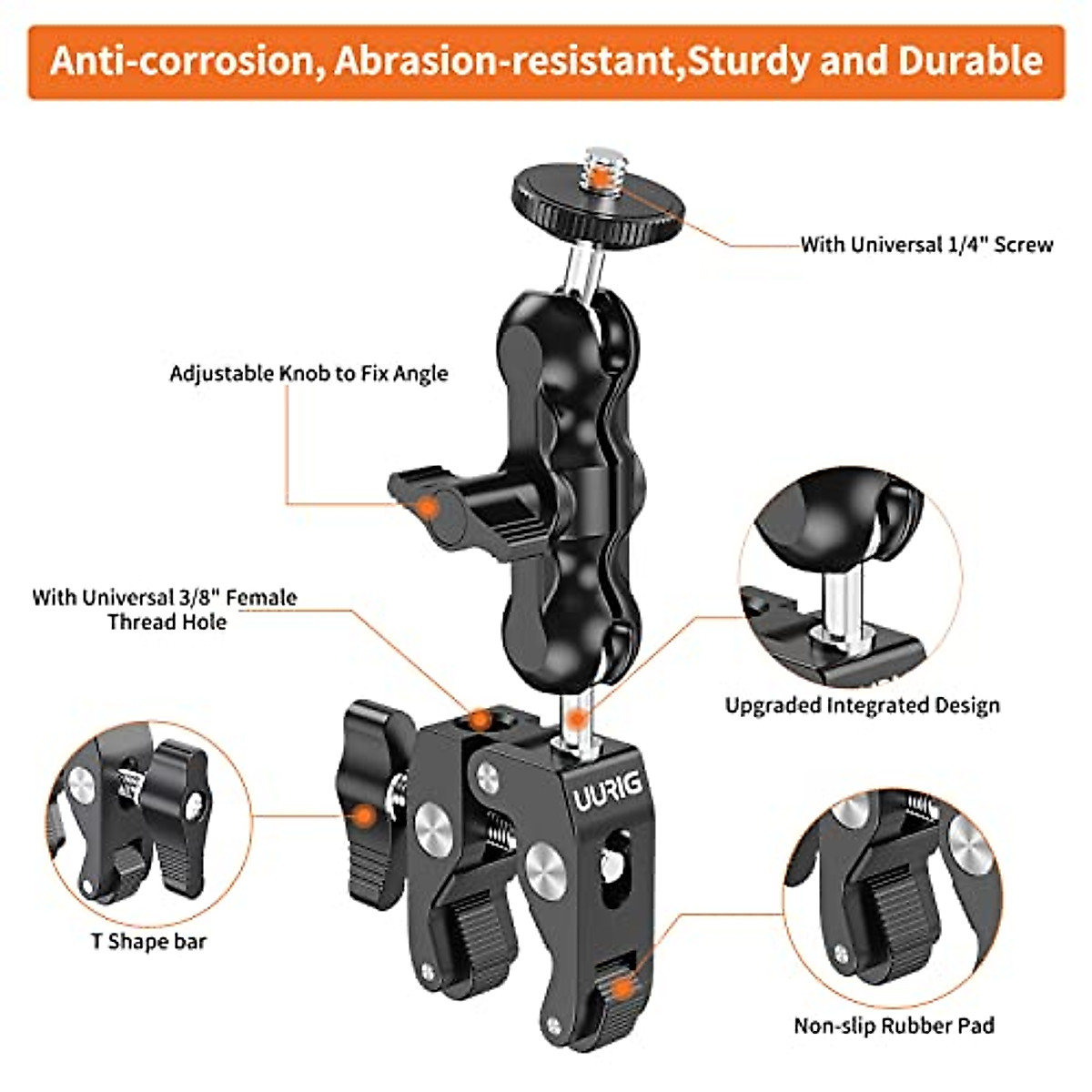 UURIG Super Clamp 360° Ballhead Magic Arm Double Ball Head Adapter Camera Clamp Mount with 1/4"-20&3/8"-16 Thread for Canon Nikon DSLR Camera/GoPro/Monitor/Ronin-M/Freefly MOVI-with Phone Clip