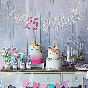 Glitter I'm 25 Bitches Banner Happy 25th Birthday Banner 25th Anniversary Girl's 25th Birthday Party Decorations Silver & Pink
